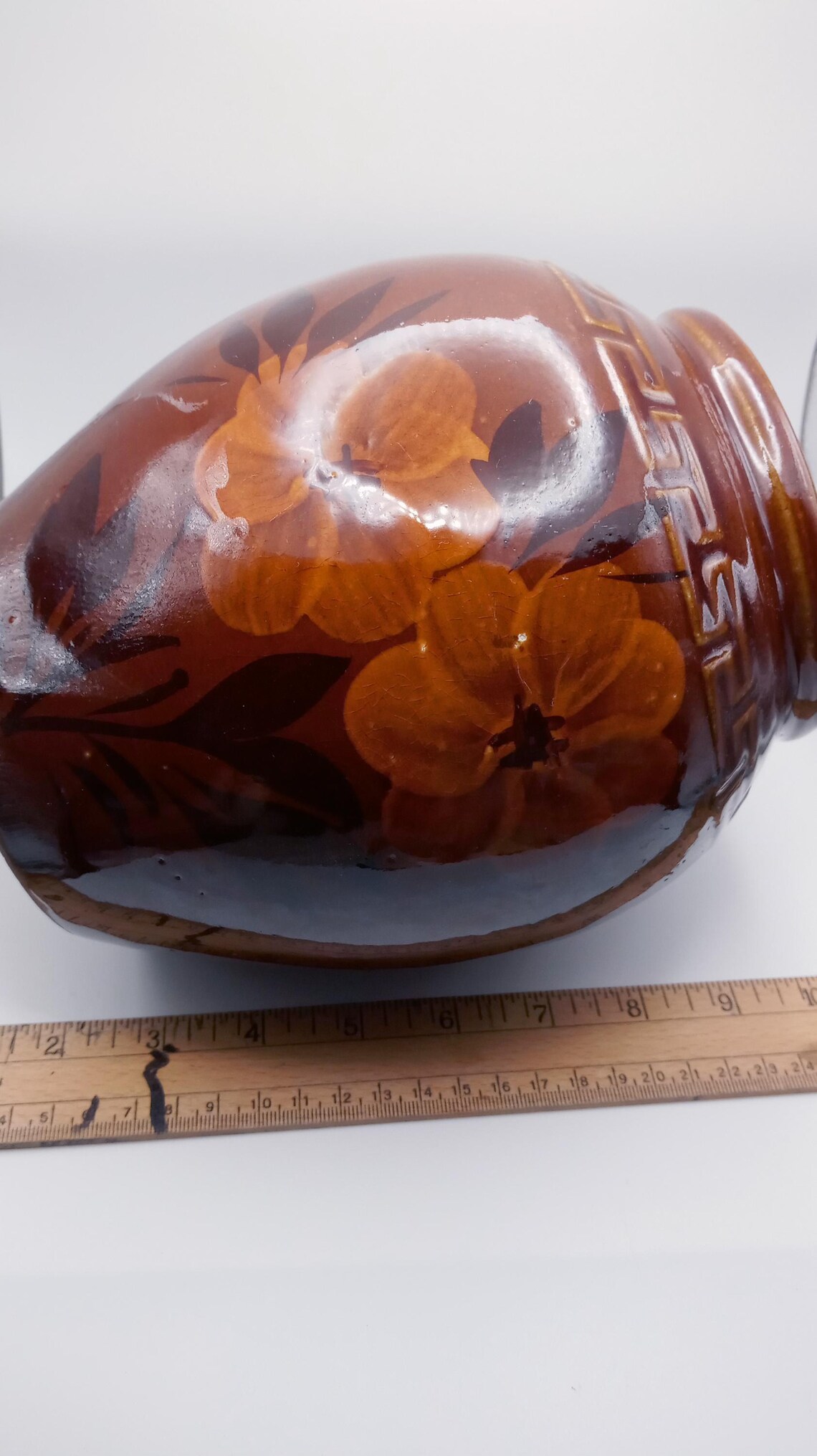 Hand Painted Floral Standard Glaze Art Pottery Vase/pot, Greek Key Mold ...