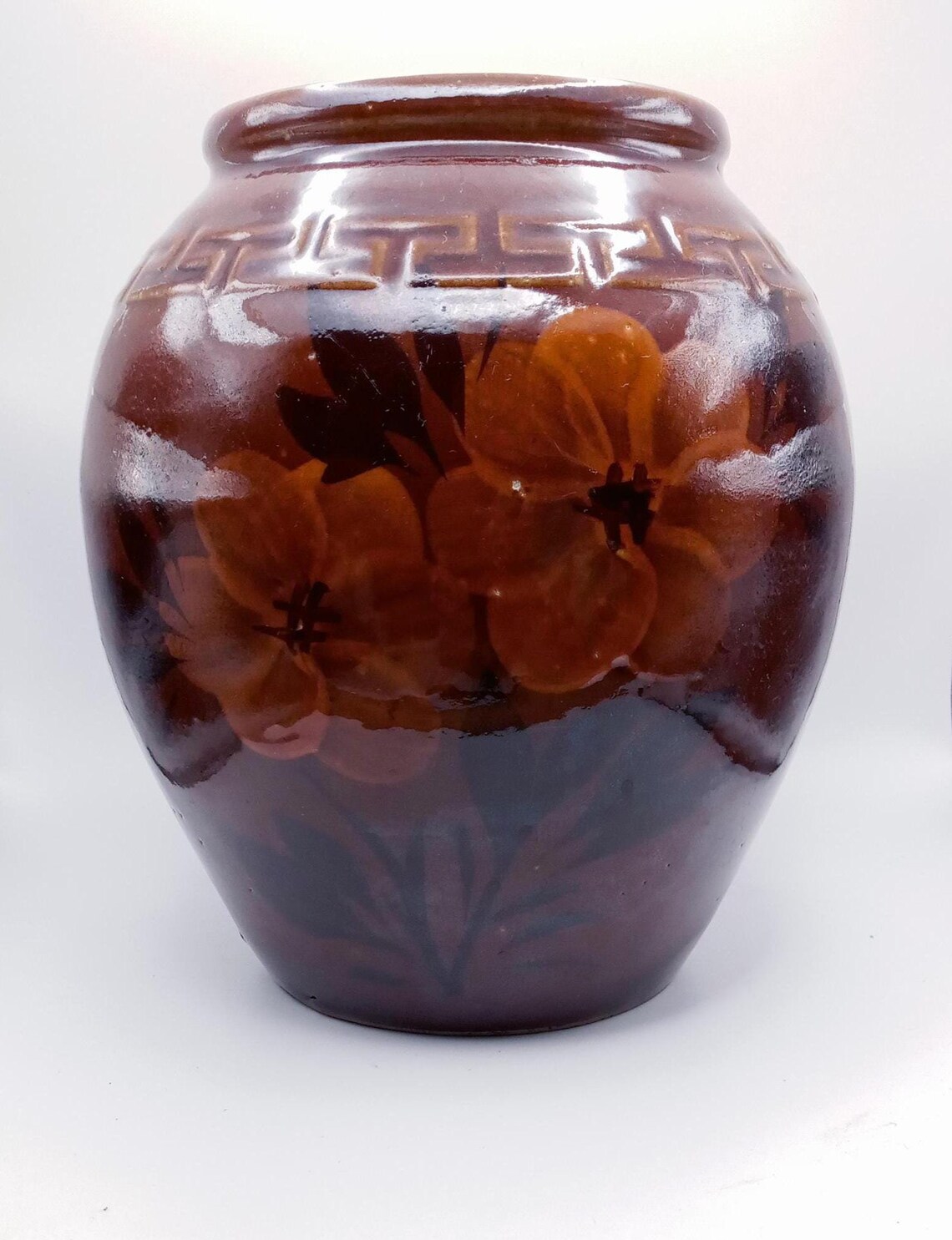 Hand Painted Floral Standard Glaze Art Pottery Vase/pot, Greek Key Mold ...