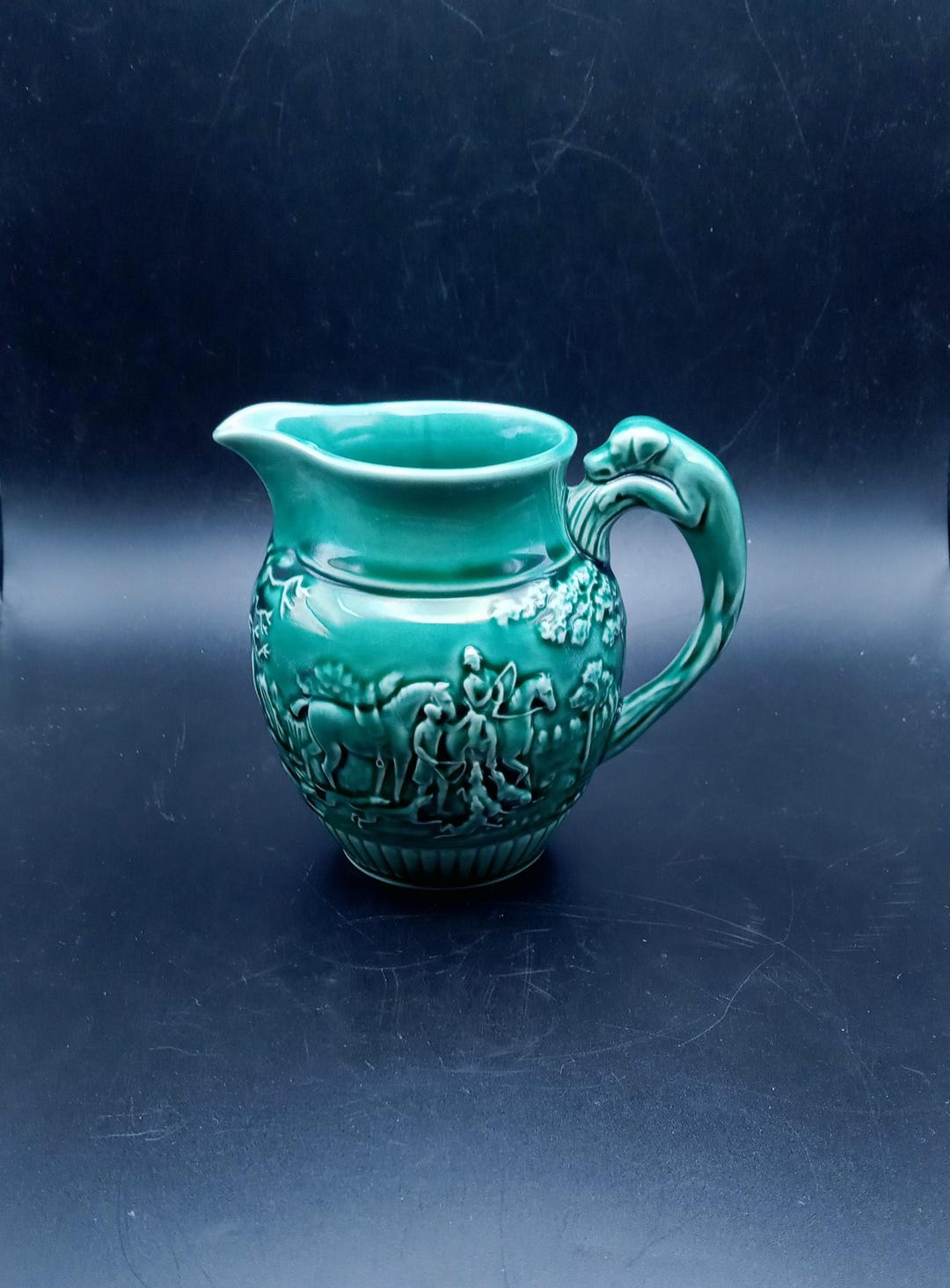 Hunting Scene Pitcher With Hound Handle, Green Majolica by Wedgwood of ...