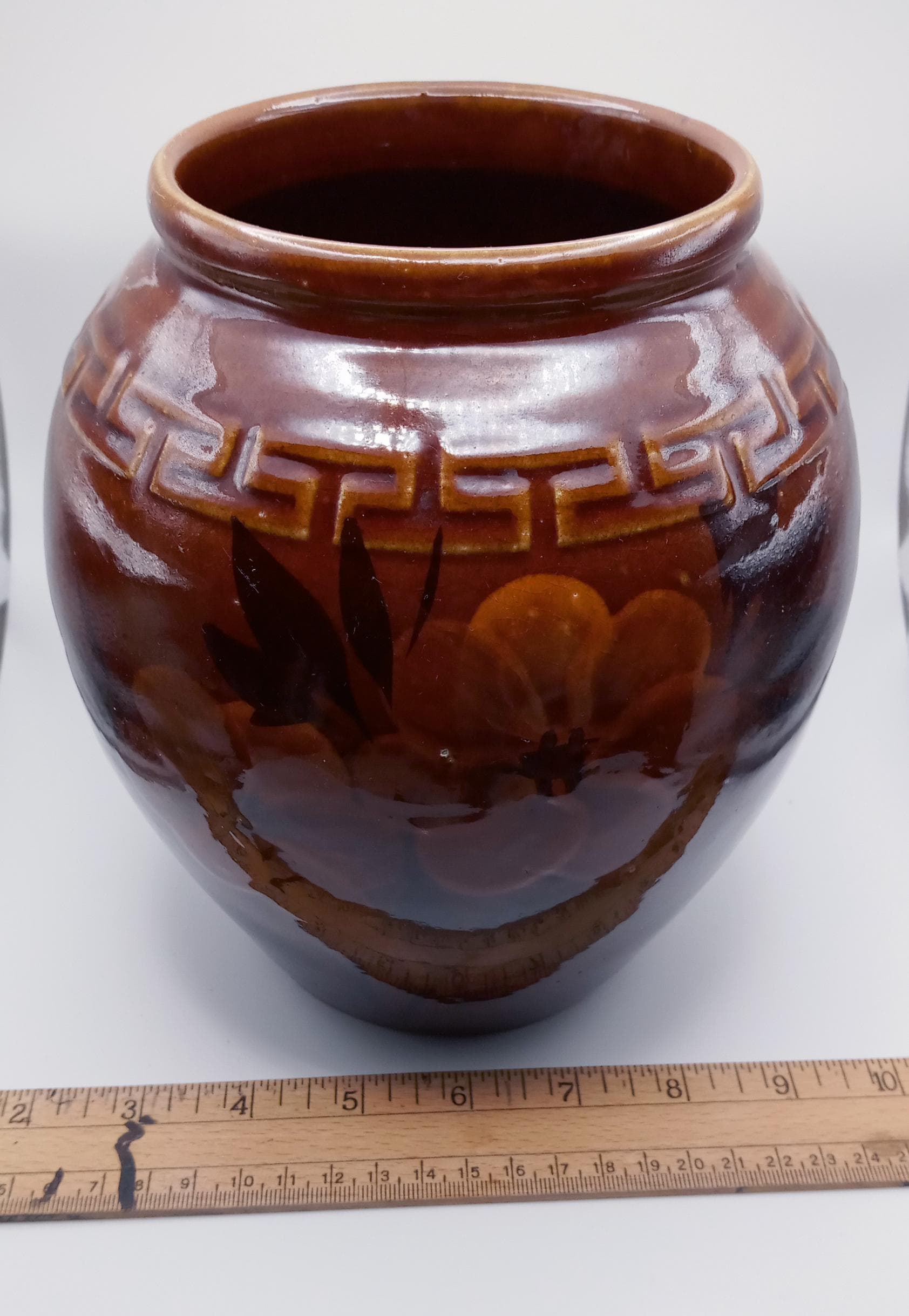 Hand Painted Floral Standard Glaze Art Pottery Vase/pot, Greek Key Mold ...