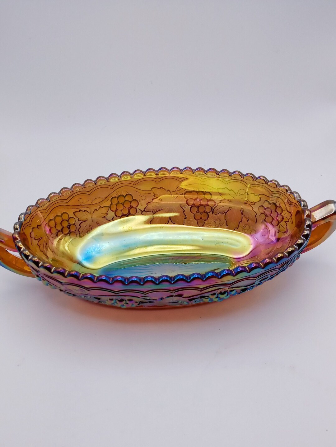 Antique Imperial Glass, Carnival, Heavy Grape Pattern, Horehound/amber ...