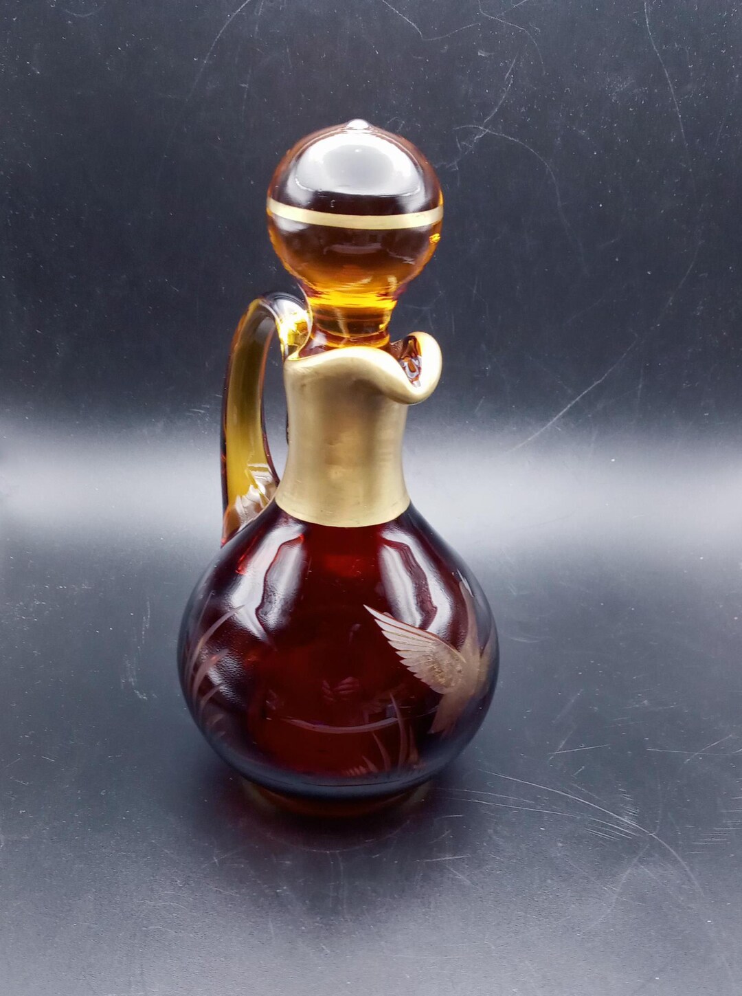 Antique Bohemian Amber Cut to Frosted Glass Gold Trimmed Cruet ...
