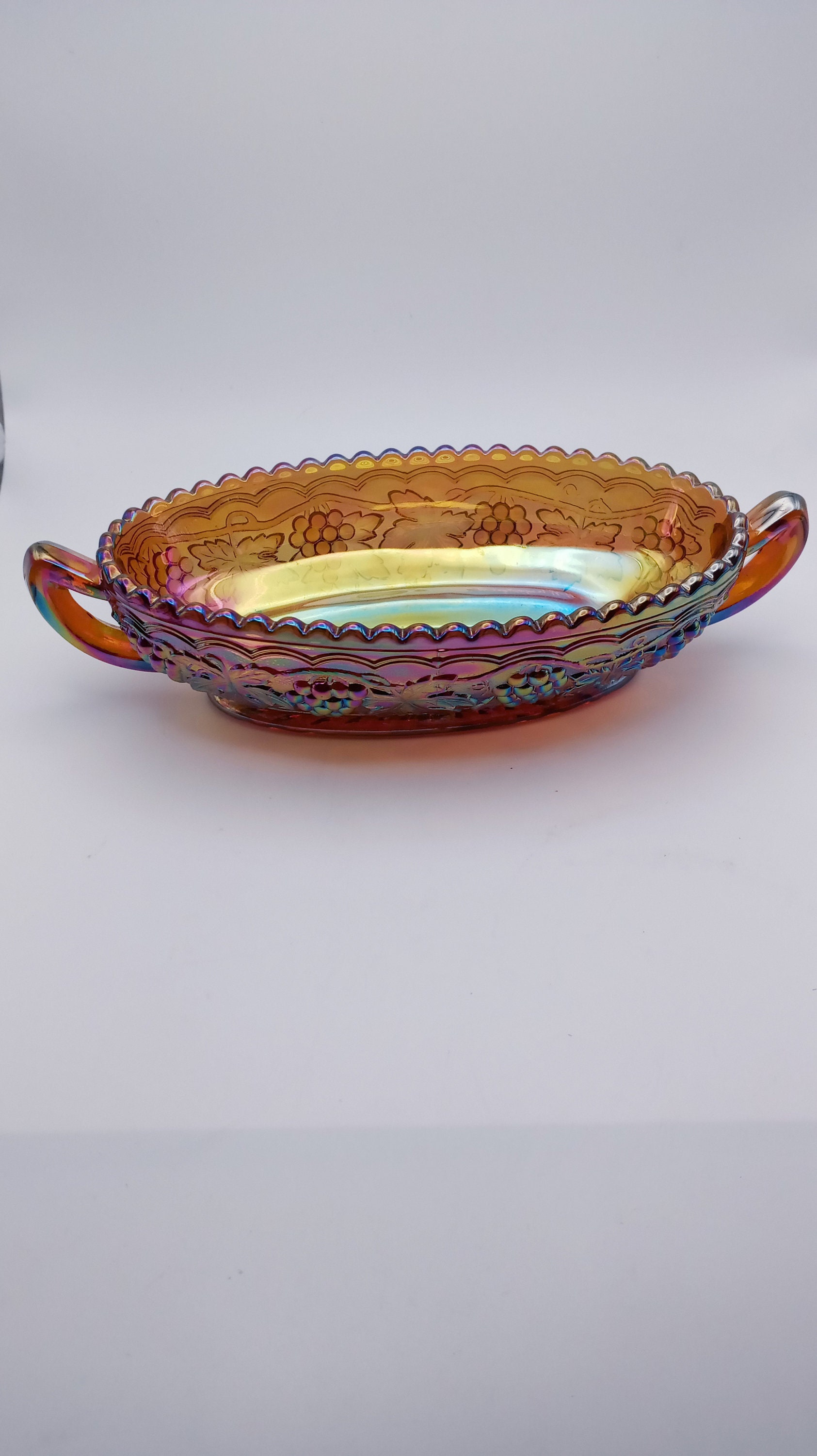 Antique Imperial Glass, Carnival, Heavy Grape Pattern, Horehound/amber ...