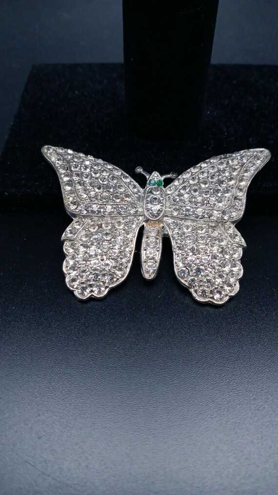 Large Pave Rhinestone Butterfly Brooch, Green Eyes - Gem