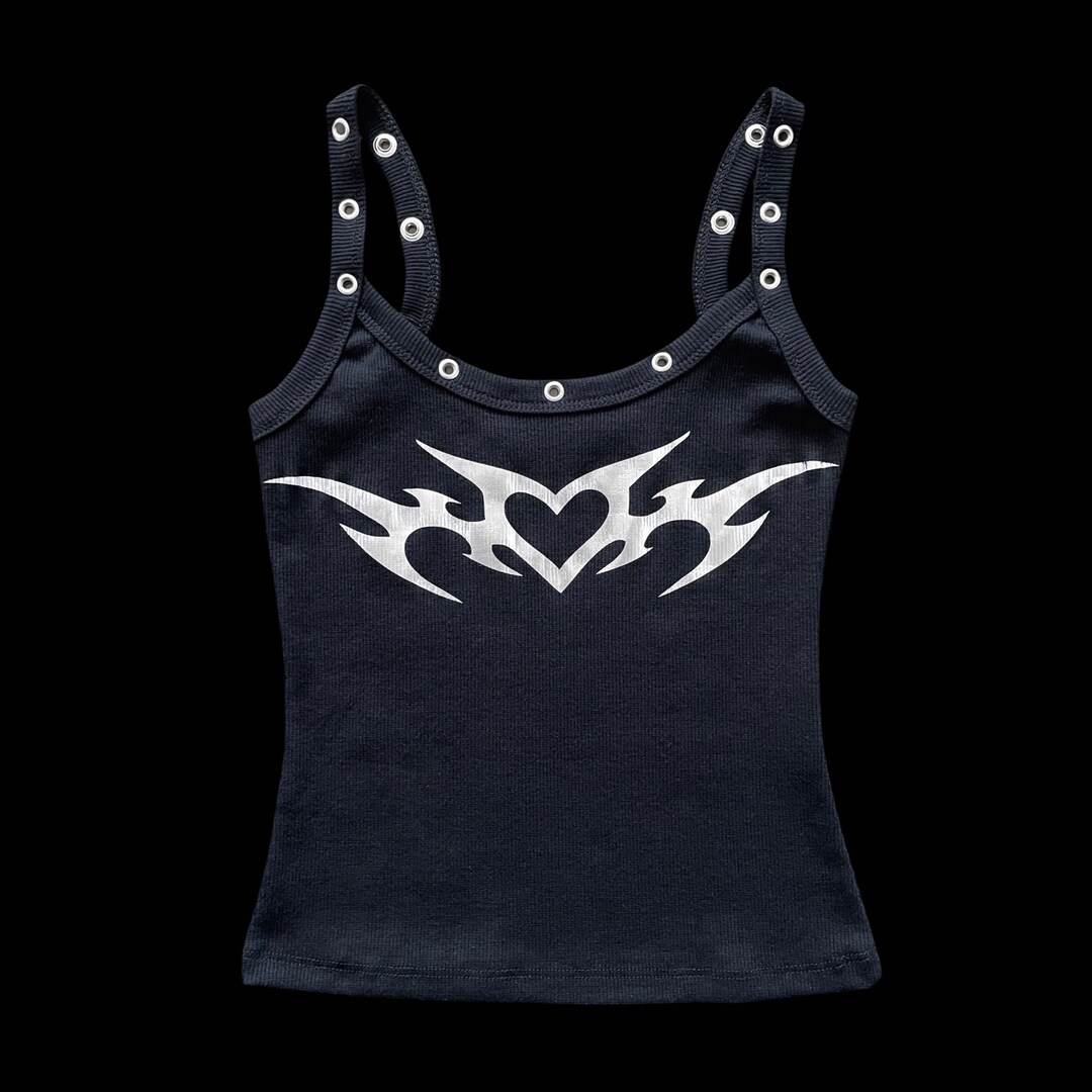 T𝔯𝔦𝔟𝔞𝔩༻ Custom Black Ribbed Cotton Tank Top W Silver Chrome Tribal ...
