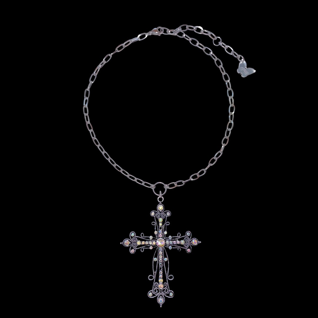 P𝔯𝔬𝔭𝔥𝔢𝔠𝔶stainless Steel Necklace / Large Cross / Silver Rhinestone ...