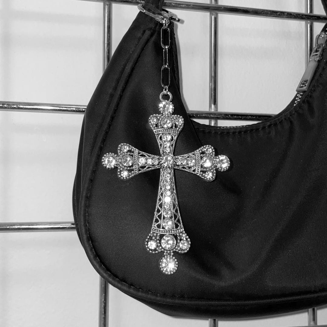P𝔯𝔦𝔢𝔰𝔱𝔢𝔰𝔰 †༻ Silver Rhinestone Gothic Cross / Bag Charm Alt Goth Grunge ...