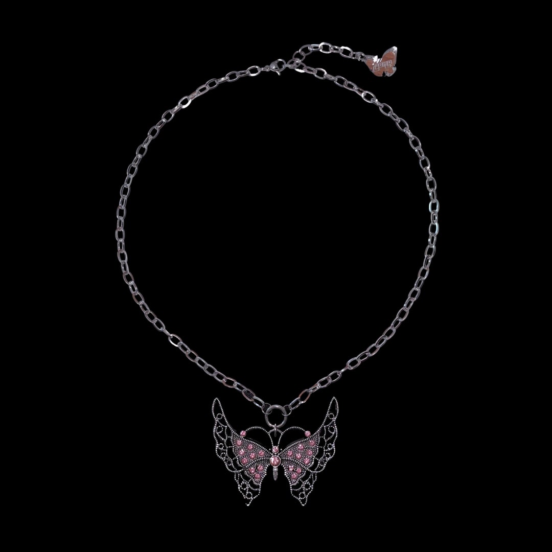 F𝔩𝔶 ʚɞ Pink Rhinestone Butterfly Stainless Steel Chain Necklace / Large ...