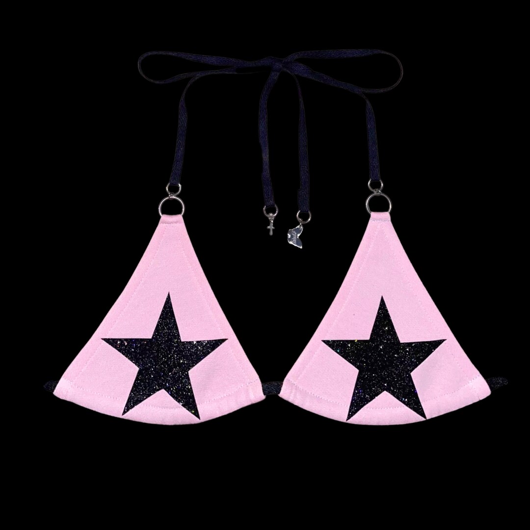 S𝔱𝔞𝔯 Baby Pink Triangle Bikini Top W. Black Glitter Stars / - Etsy