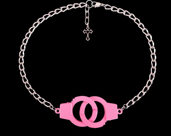 H𝔞𝔫𝔡𝔠𝔲𝔣𝔣༻ Stainless Steel Necklace W Baby Pink Handcuffs / Goth Grunge ...