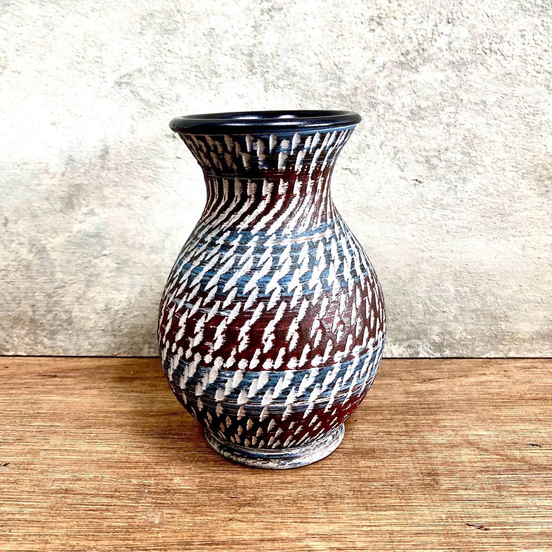 Vintage Dimpled Fat Lava Vase: Mid-century Blue, White & Brown - Etsy