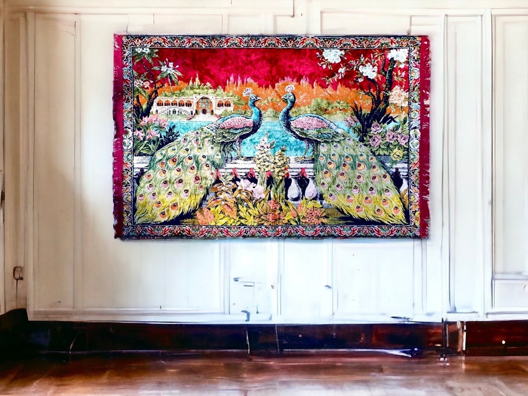 Vintage Peacock Tapestry Wall Hanging, Decorative Peacock İllustrated ...