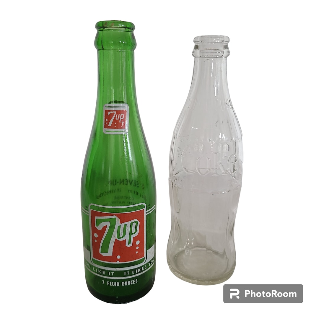 Vintage Green 7-up 1968 and Clear Coca Cola 1974 Glass Bottles, Vintage ...