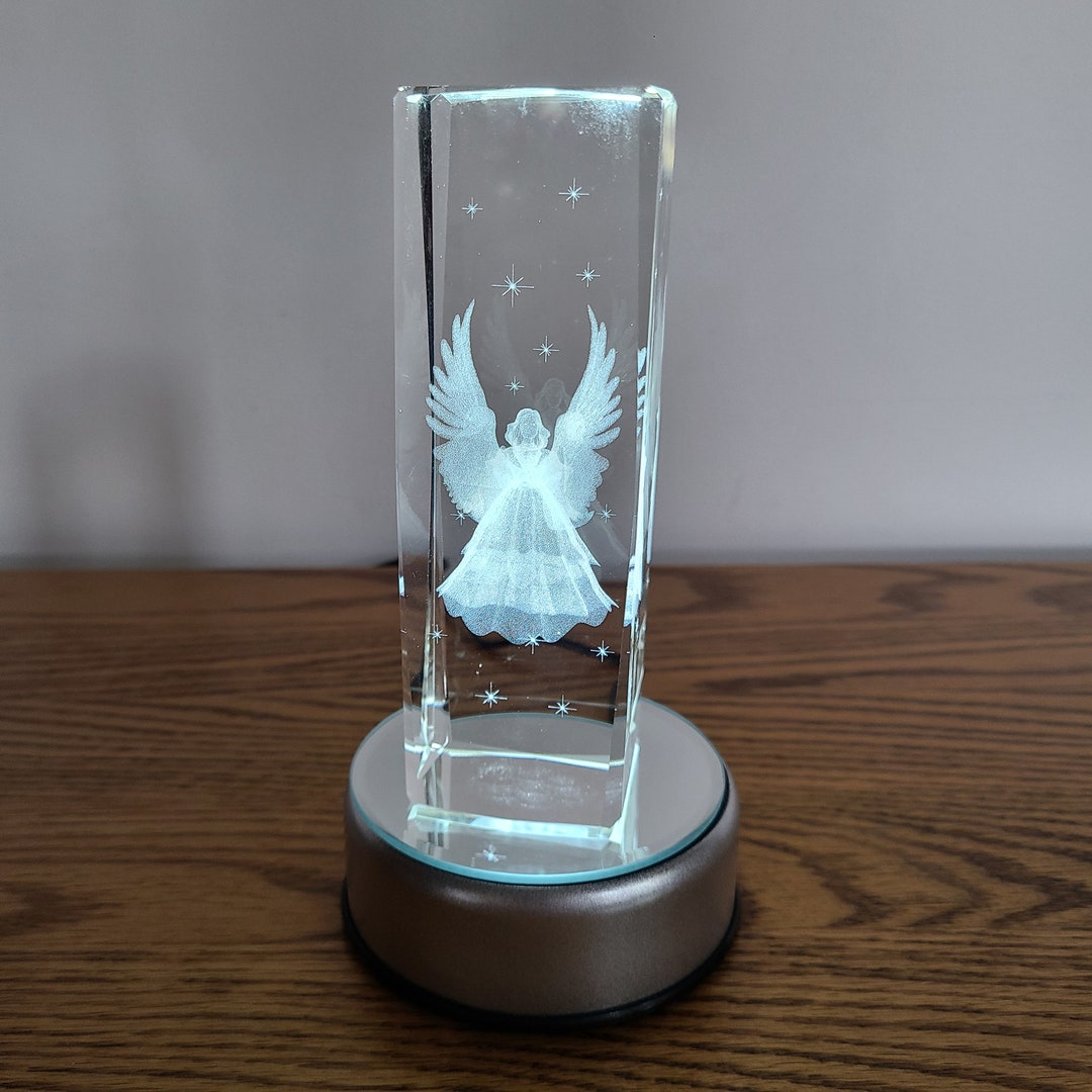 3-D Glass Tower Laser Engraved Angel With Mirrored LED Light Platform ...