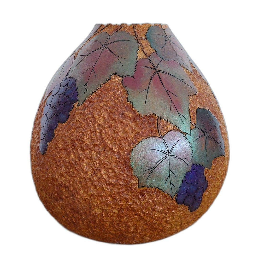 Large Artisan Crafted Gourd Vase Container Nature Grapes Motif Grape ...
