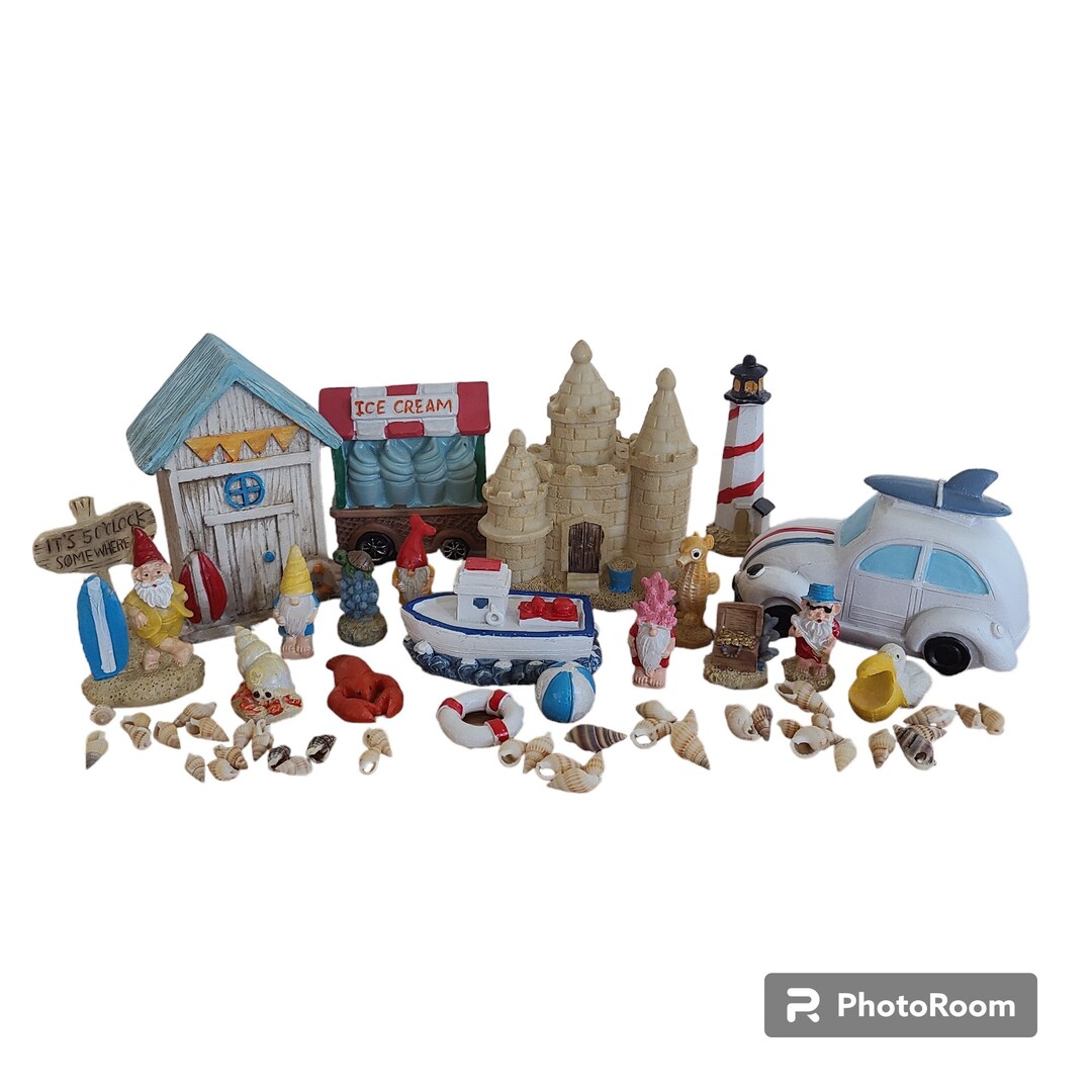 Resin Beach Themed Miniature Fairy Garden Figurine Kit, Beach Themed ...