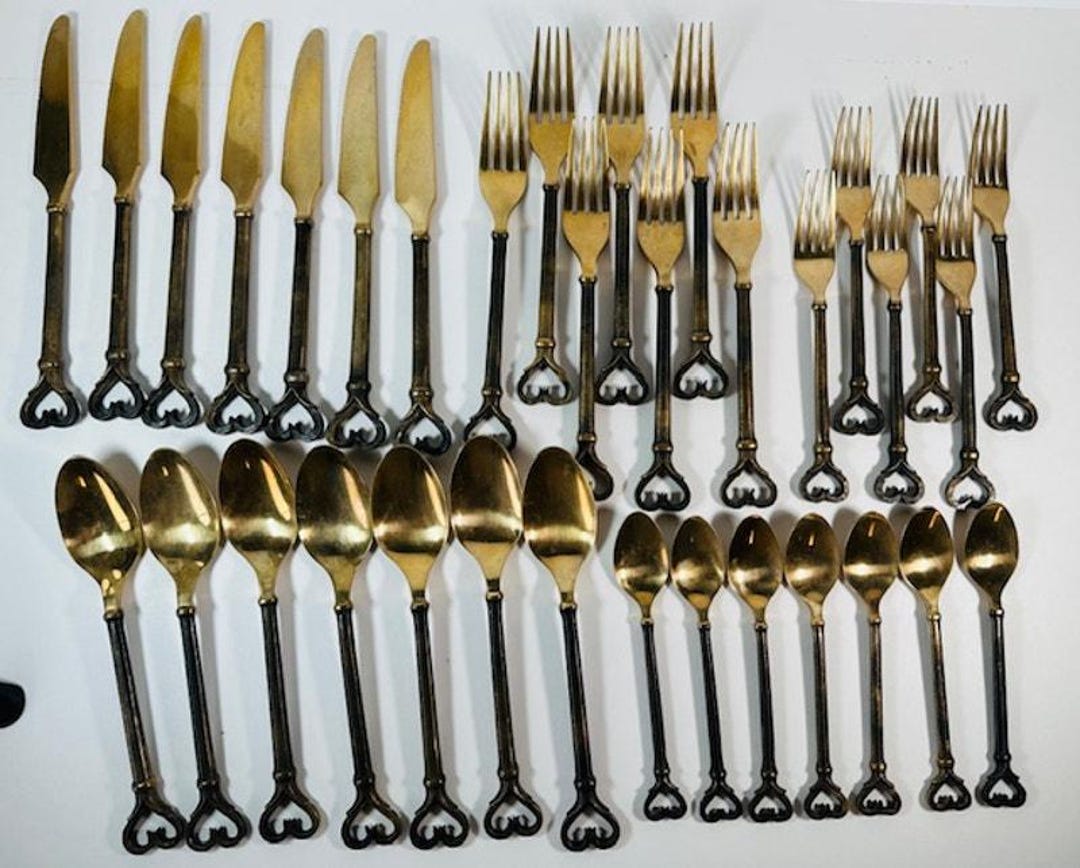 34 Pc Set Thailand Bronze Flatware W/heart Handle - Etsy