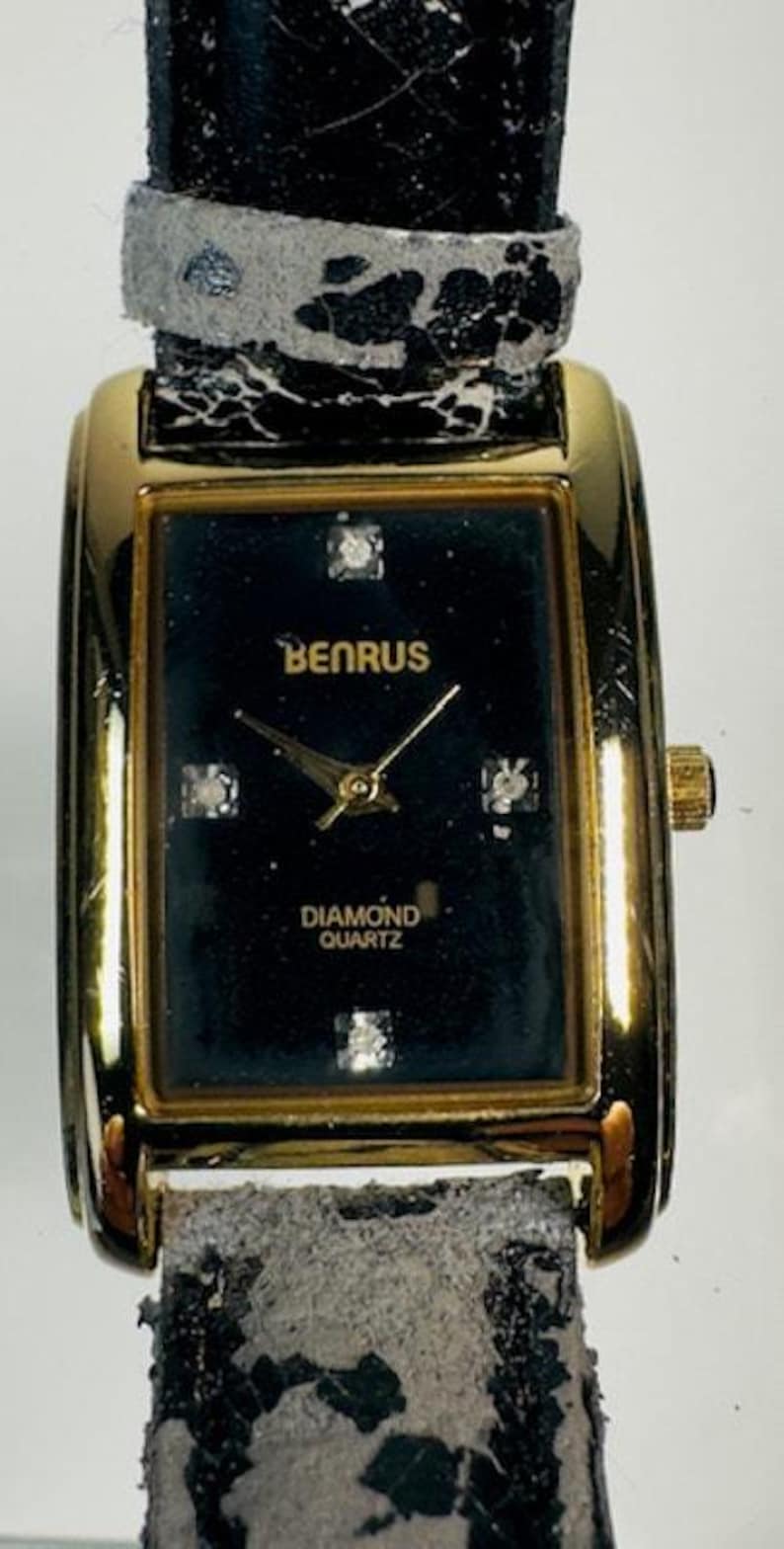 Benrus Diamond Quartz Black Dial Ladies Watch Gold Tone Watch New ...