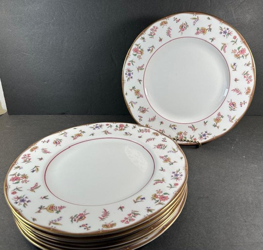 8 Wedgwood Rouen Dinner Plates Flowers & Butterfly, Red Edge, Gold Trim ...
