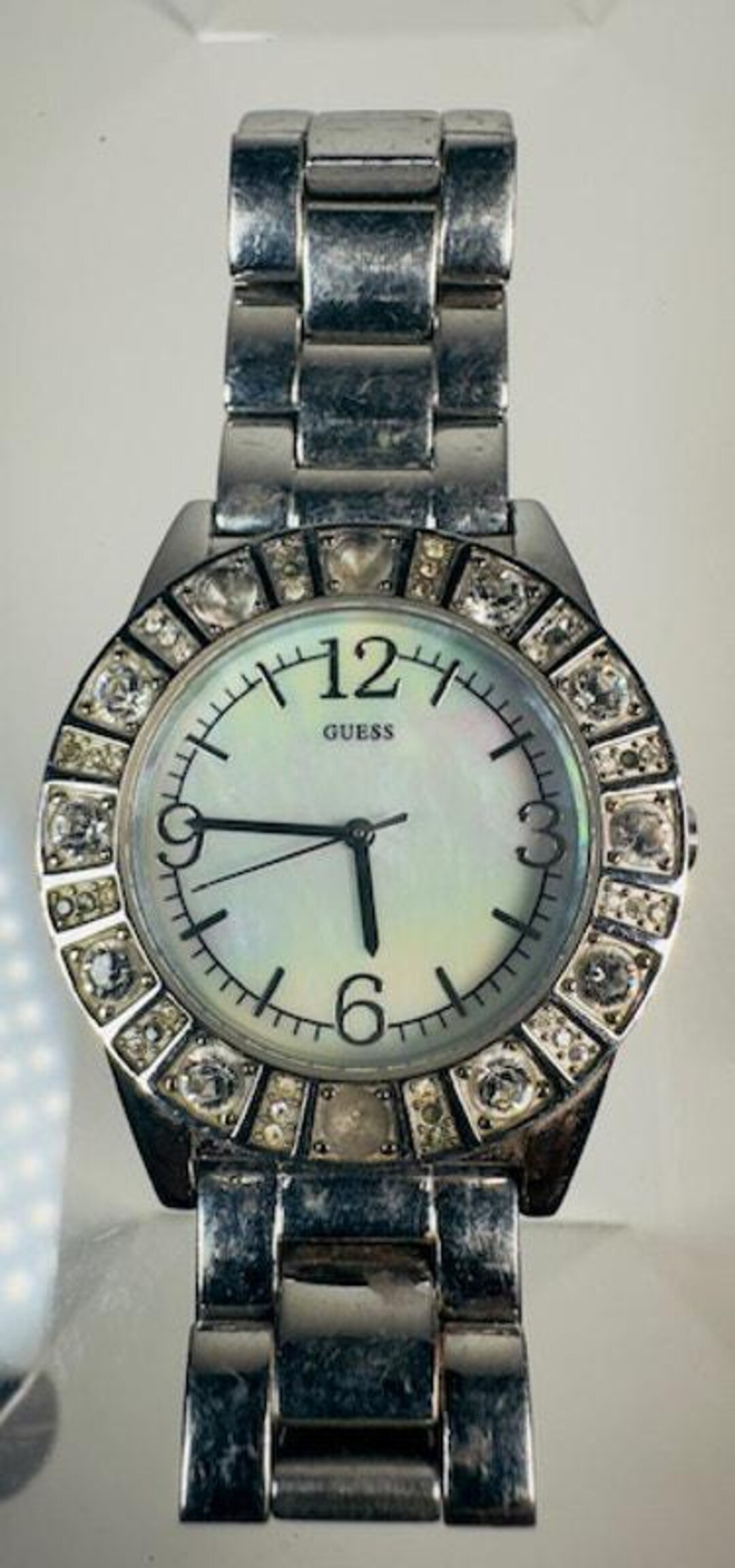 Guess Women's Watch Silver Round Bling Bezel Mother of Peral Dial ...