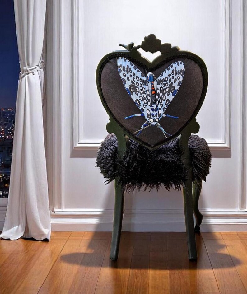 Vintage Kimball Vanity Chair – Custom Moth Embroidery & Mongolian Fur ...