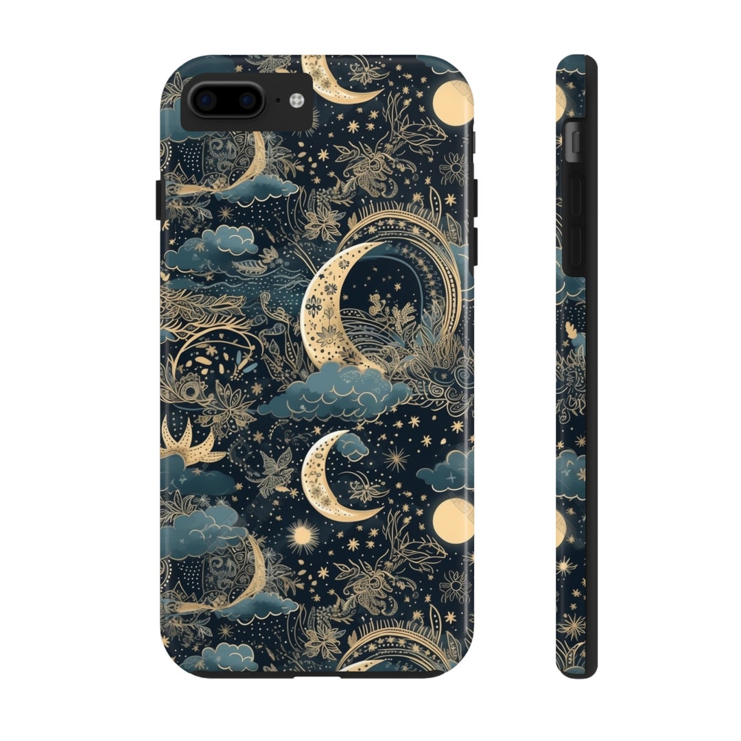 Celestial Moon and Star Phone Case Whimsical and Dreamy Pattern Gold ...