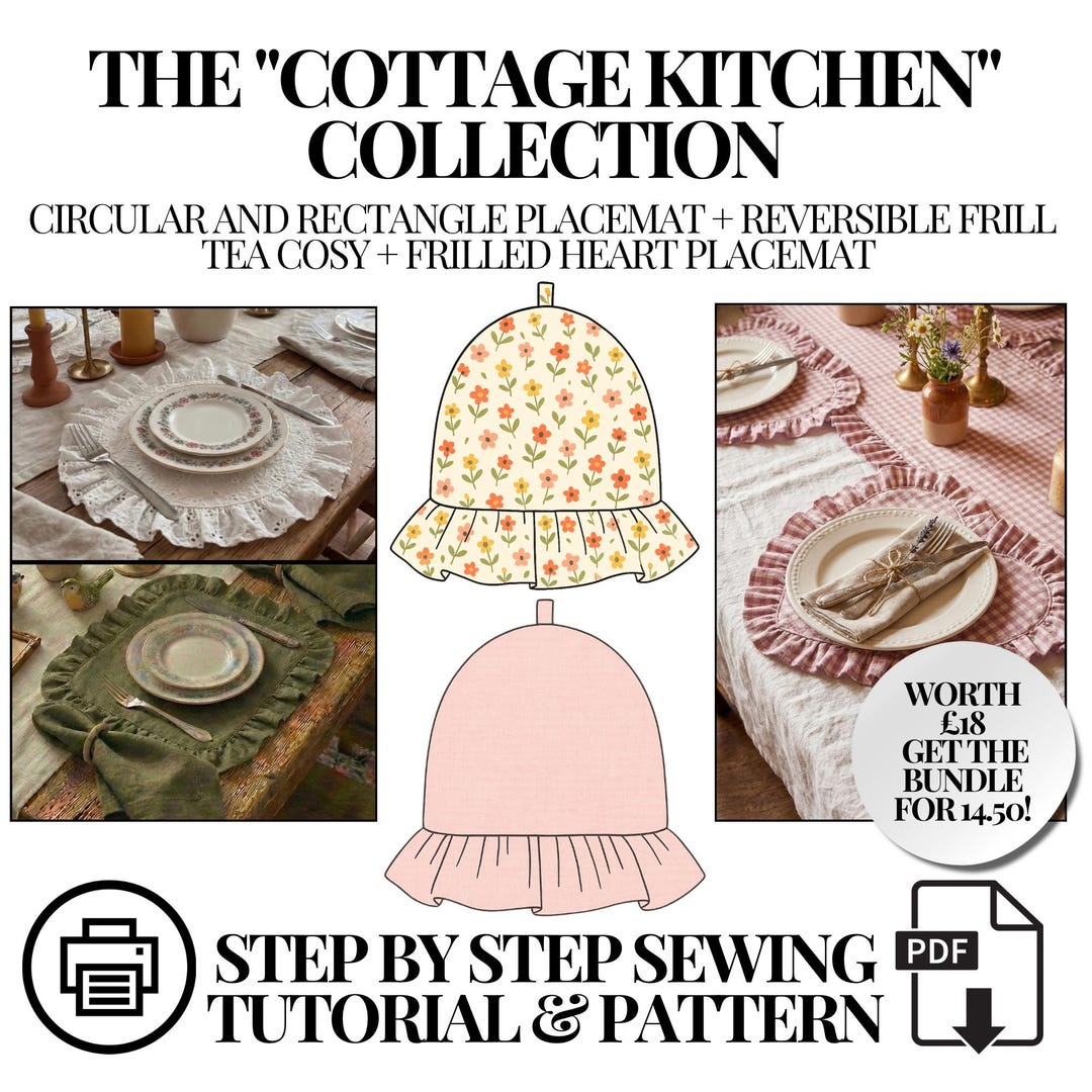 Cottage Kitchen Sewing Pattern Bundle | Ruffle Placemat, Tea Cosy (PDF ...