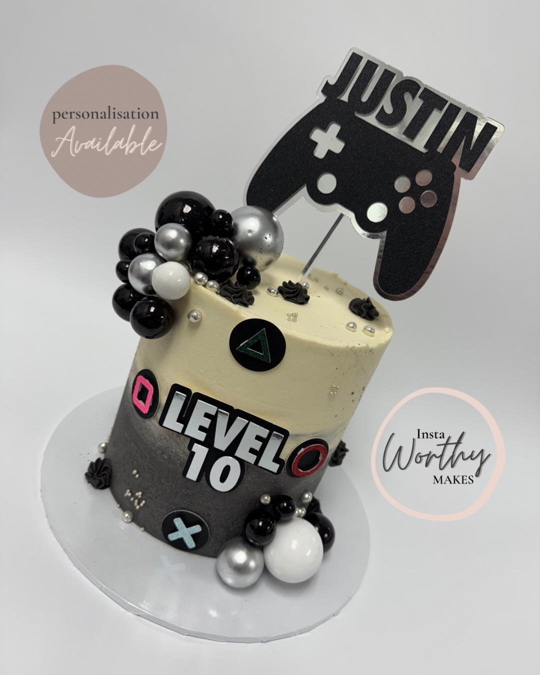 Personalised Gamer Cake Topper: Silver & Black Controller, Level 'age ...