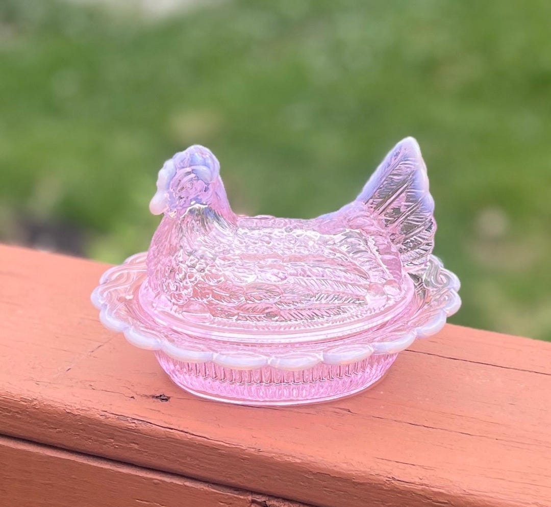 Mosser Glass Hen on Nest Pink Opalescent 6.5” Covered Dish Handcrafted ...