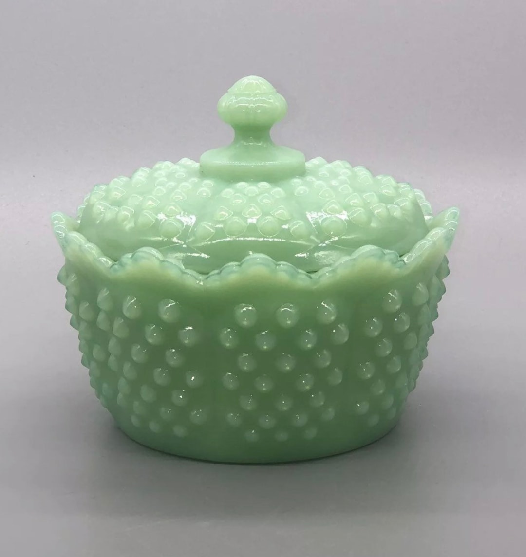 Mosser Hand Crafted Jadeite Green Hobnail Round Butter Dish Old Fenton ...