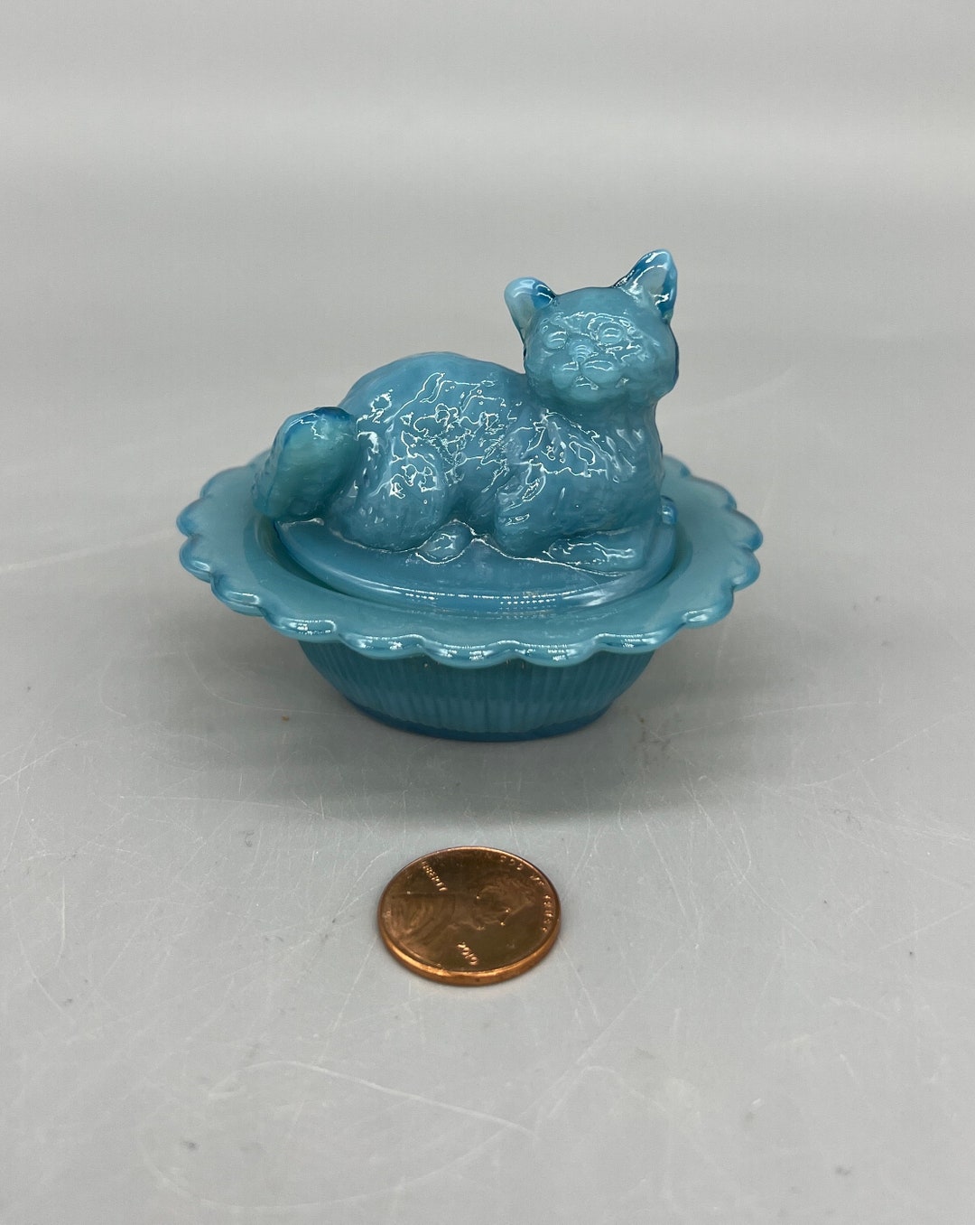 Cat on Nest Cellar Salt Dip Georgia Blue Glass Mosser USA - Etsy