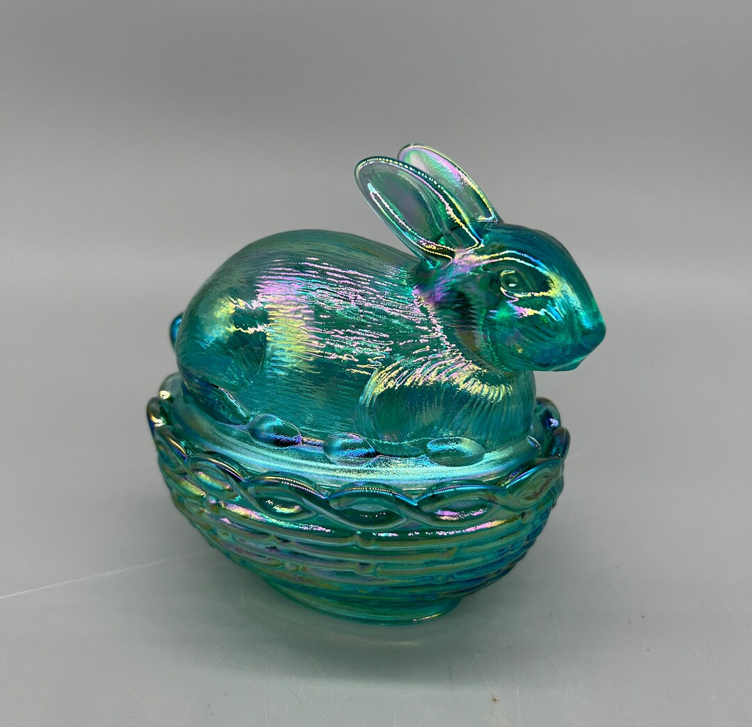 Mosser Glass Teal Carnival Iridescent Bunny Rabbit on Basket - Etsy