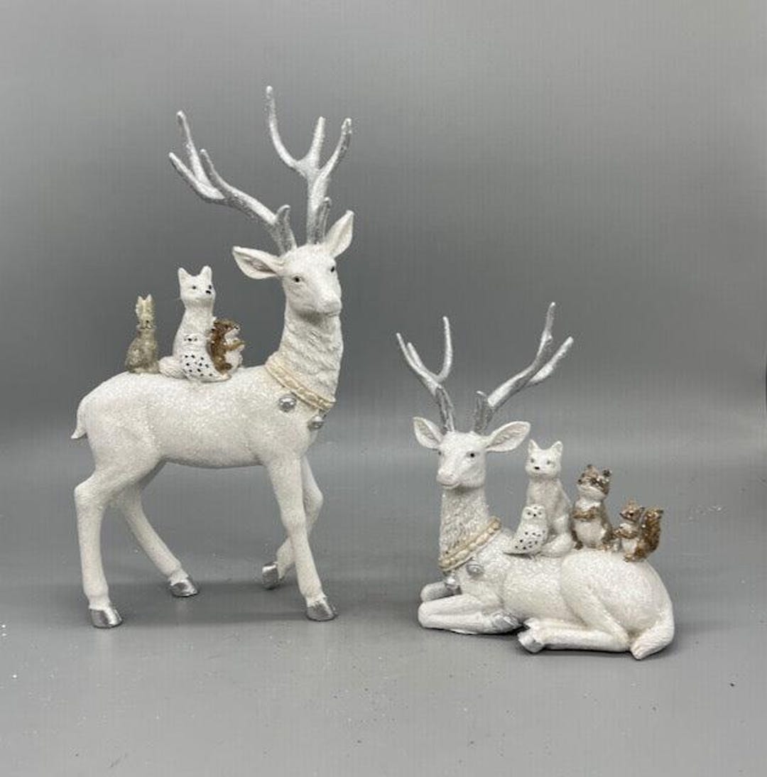 Hand Decorated White Christmas Reindeer Figurine With Woodland Animals ...