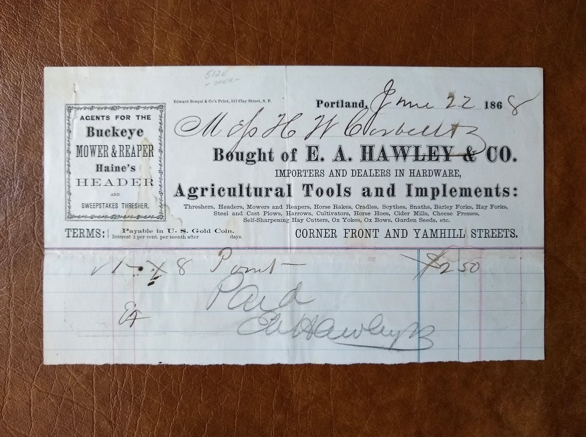 1868 Receipt With a Fantastic Horses Pulling Farming Equipment Scene ...