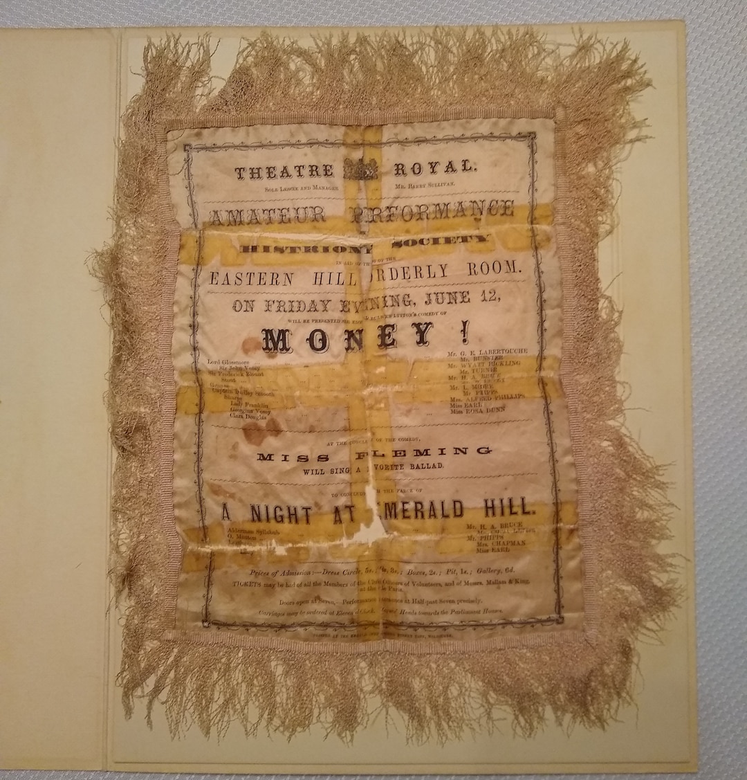 Rare Antique 1863 Silk Playbill for "money" From the Royal Theatre ...