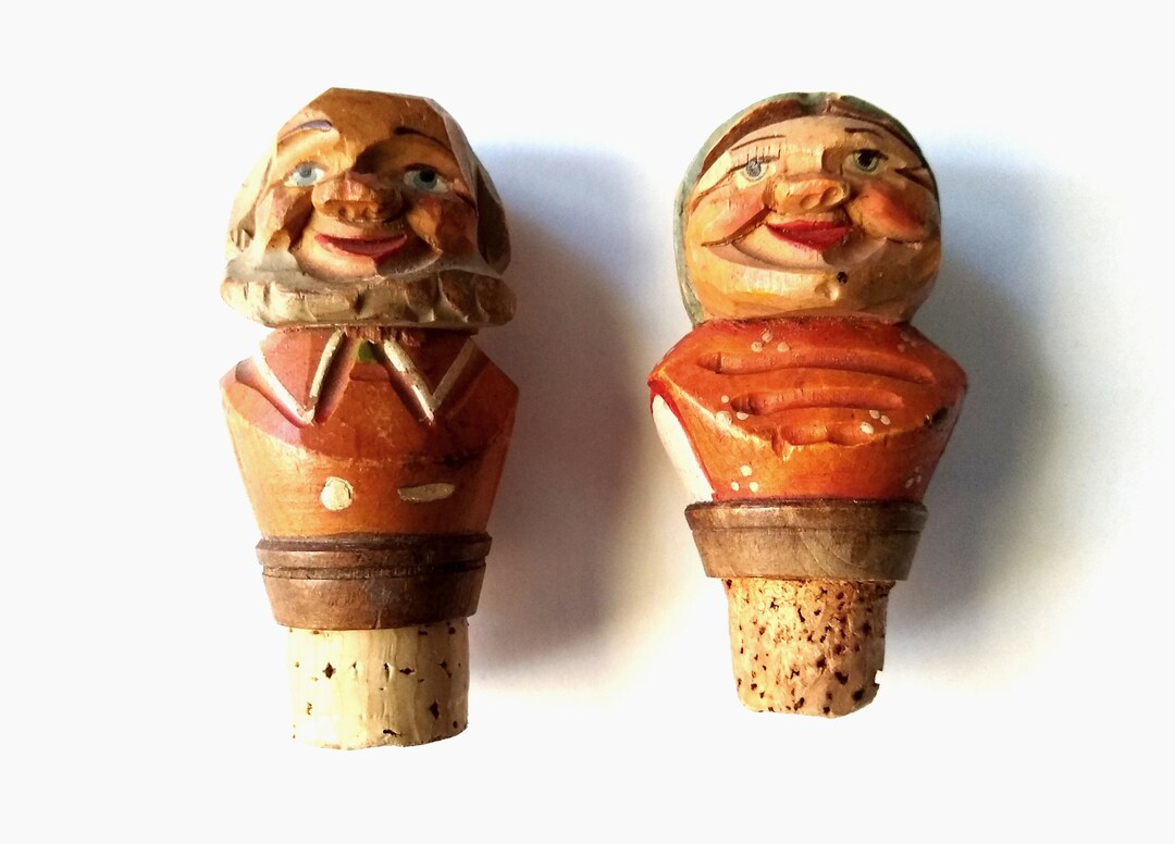 Vintage Hand-carved Wood Old Man and Old Woman Cork Heads, Bar Decor ...