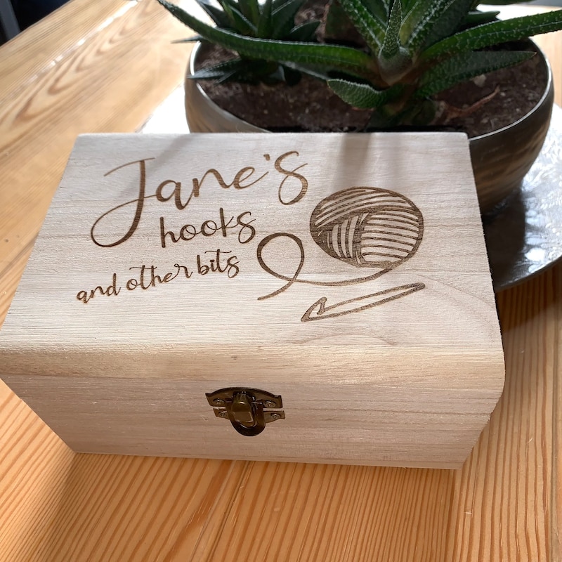 Personalized Wooden Crochet Hook Storage Box with Hinged Lid and Metal ...