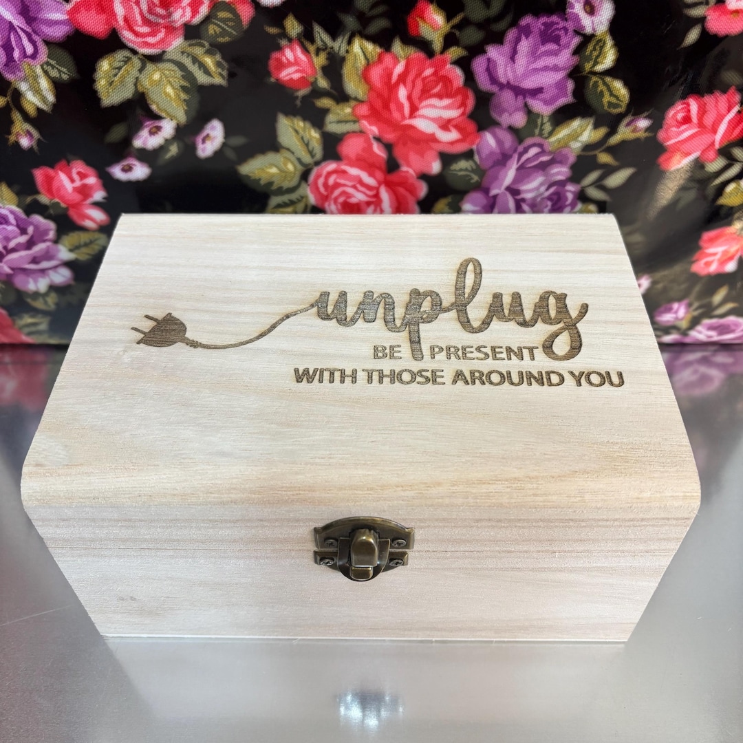 Engraved Wooden Digital Detox / Mobile Cell Phone Box With Hinged Lid ...