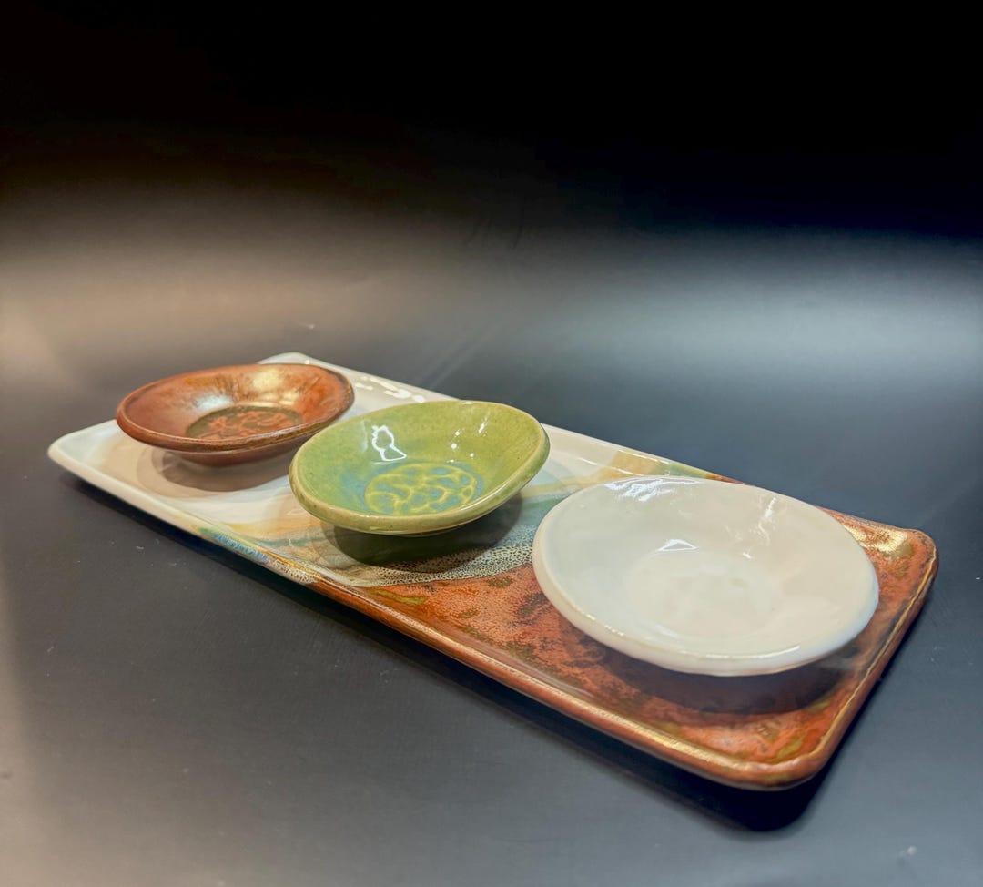 Snow White and Copper Sushi Tray With Three Mini Condiment Bowls - Etsy