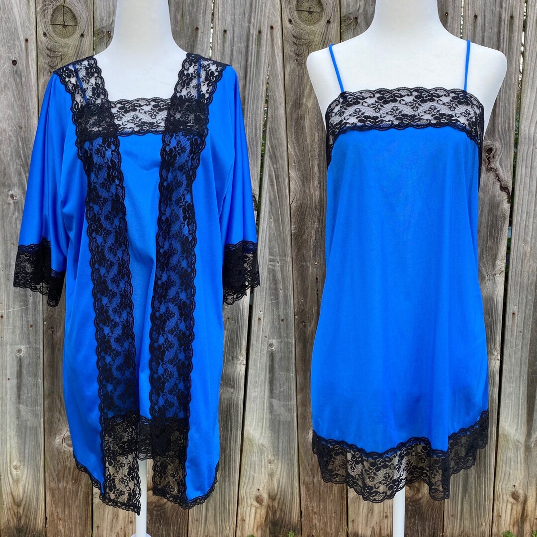 Vintage 2 Piece Royal Blue Lace Slip & Robe Set Size Medium - Etsy