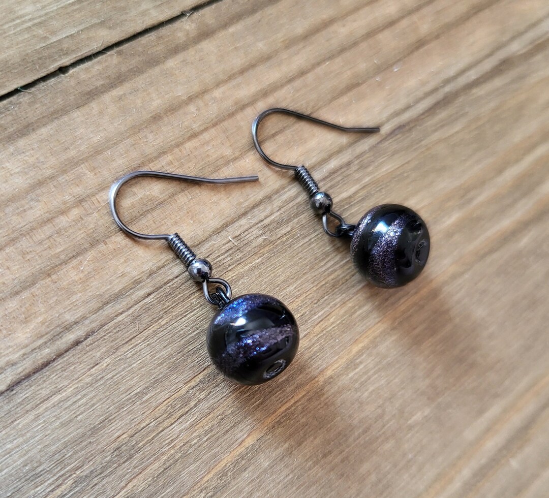 Dark Silver Midnight Blue Swirl Ball Earrings- Handmade Dark Silver ...