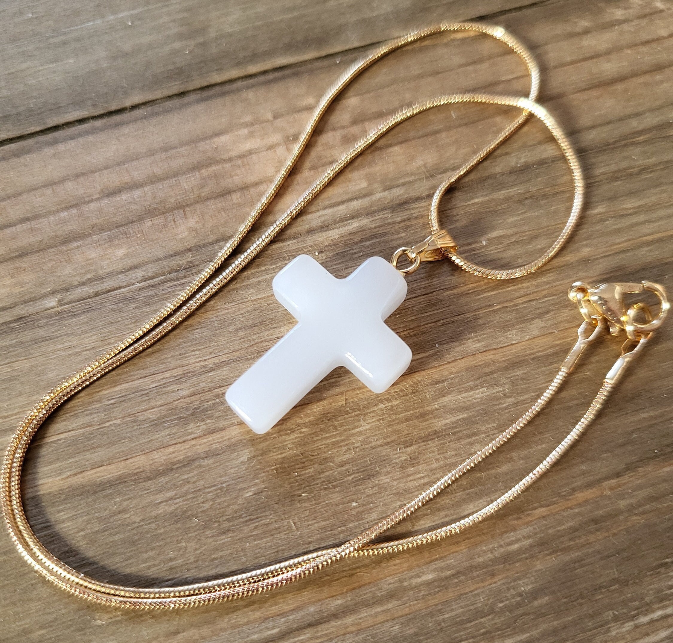 White Glass Cross Necklace 18K Gold Handmade Celtic Glass Cross Pendant Pure Angel White Cross Necklace Guardian Angel Protection Pendant