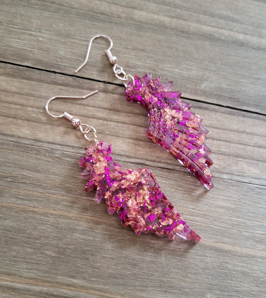 Rose Gold Magenta Foil Angel Wings Earrings- Handmade Rose Gold Resin ...