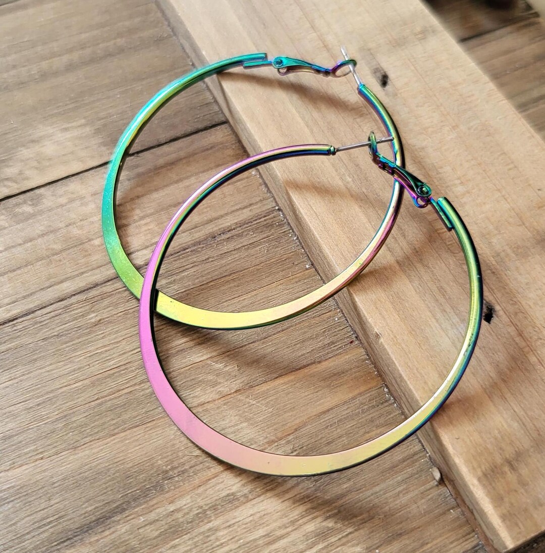 Titanium Flame Rainbow Aura Hoop Earrings- Iridescent Earrings Handmade Rainbow LGBTQ Pride ...