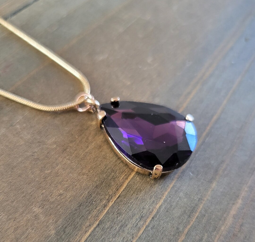 18k Gold Deep Purple Crystal Necklace- Handmade Real Stone Purple ...
