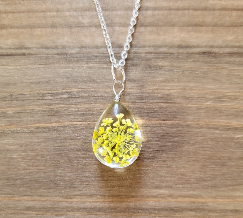 Yellow Spider Lily Pressed Flower Necklace- 925 Sterling Silver Dried ...