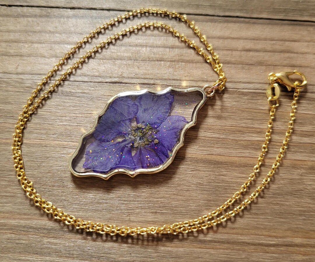 Violet Purple Delphinium Pressed Flower Necklace- 18k Gold Preserved ...