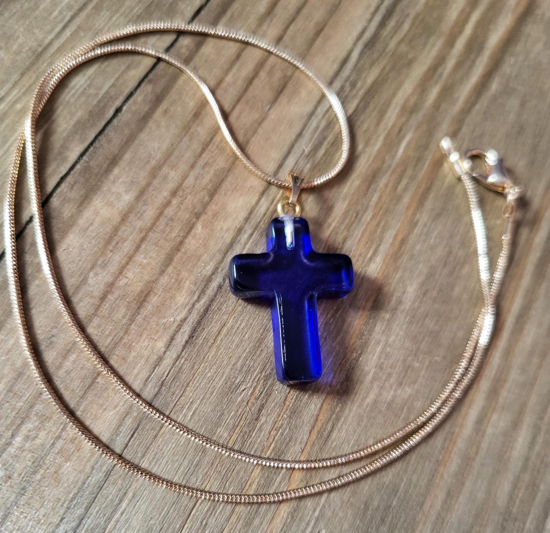 Royal Blue Glass Cross Necklace 18k Gold Handmade Celtic Glass Cross ...