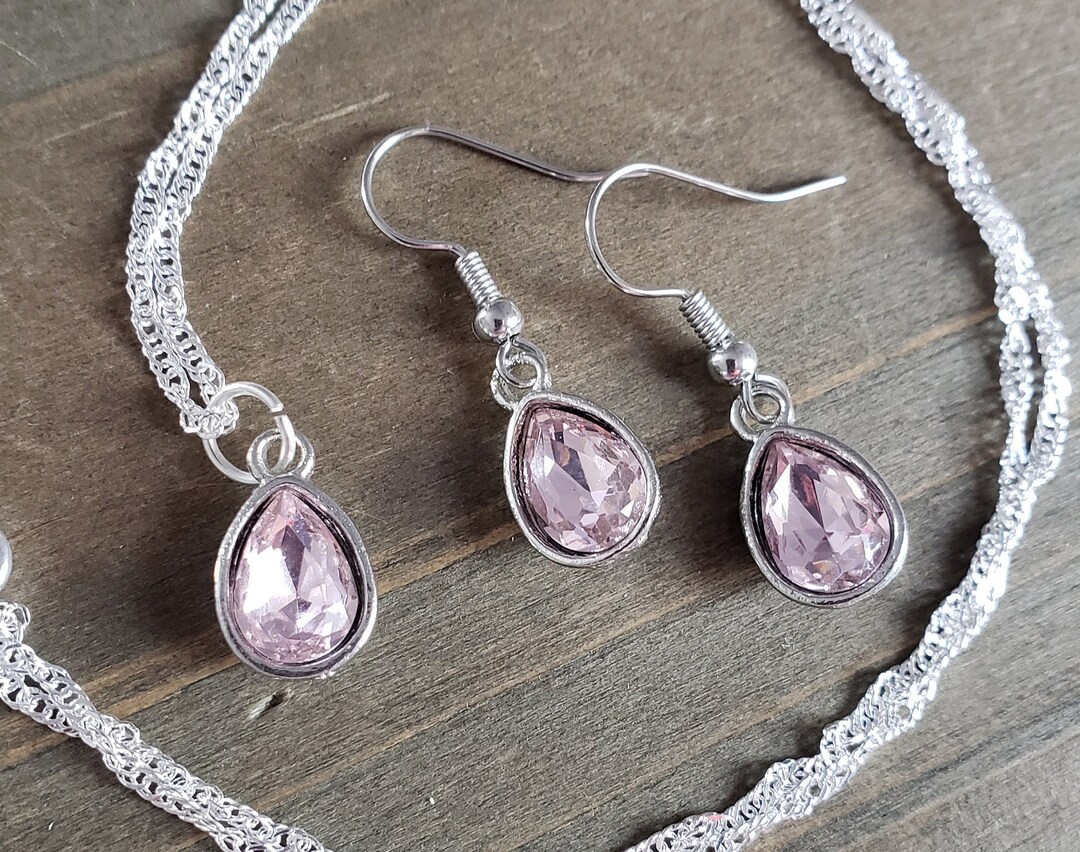Blush Pink Crystal Jewelry Set 925 Sterling Silver Water Ripple ...