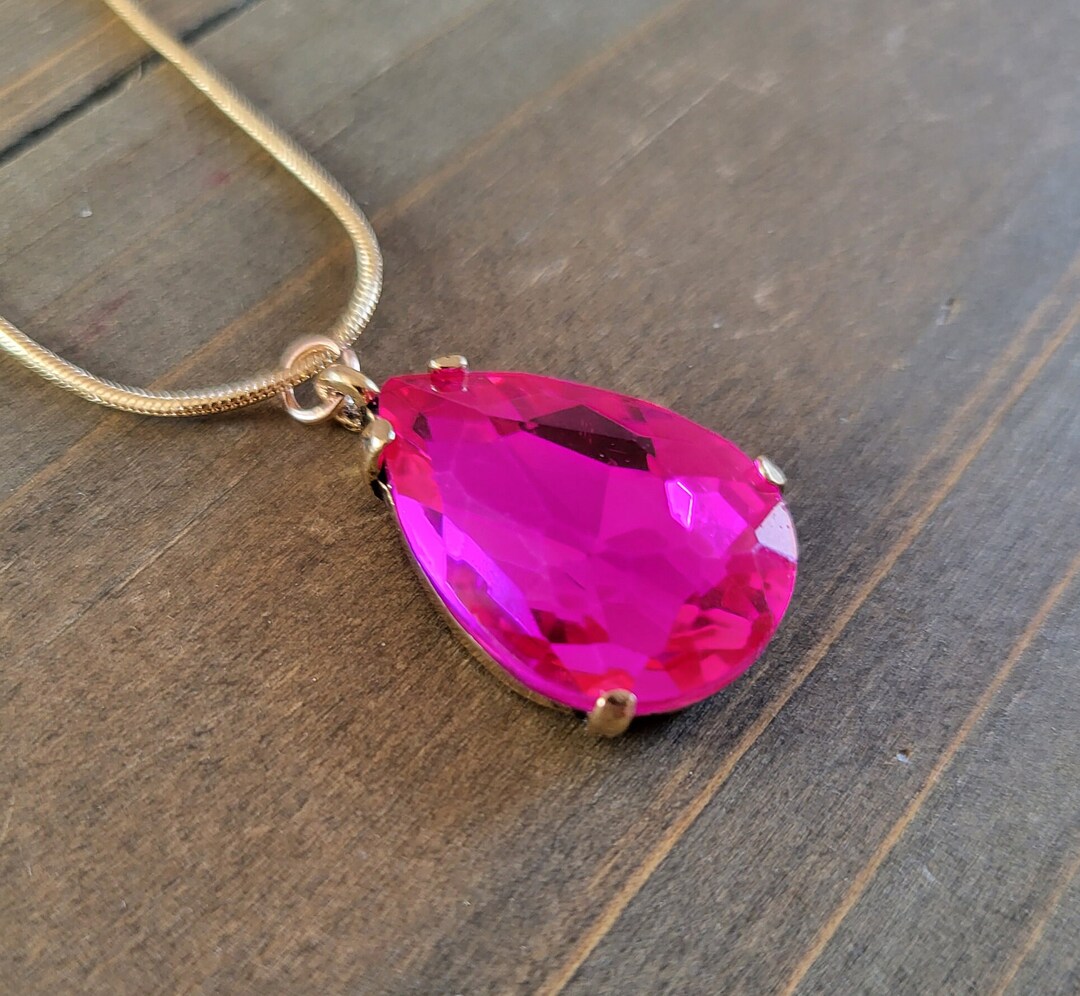 18k Gold Hot Pink Crystal Necklace- Handmade Real Stone Magenta Pink ...